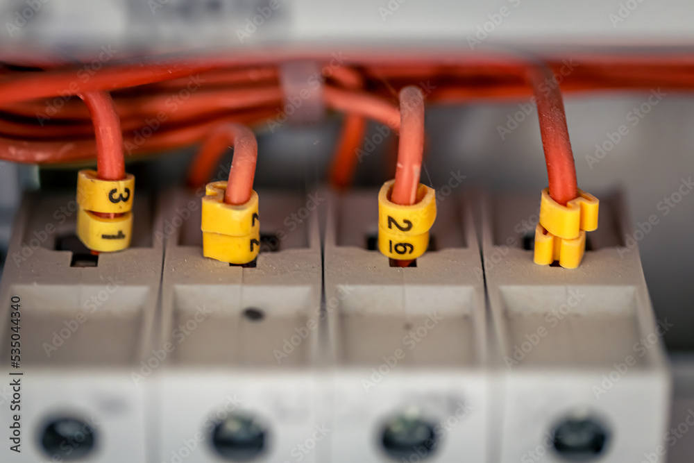 Electrical panel with fuses and contactors, close-up. Stock Photo ...