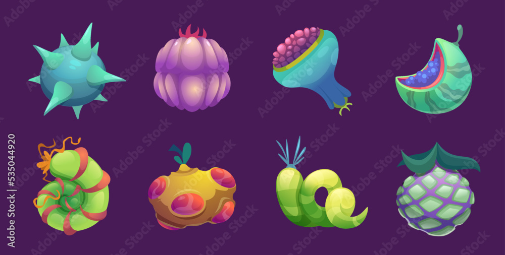 Fantasy fruits. Fairytale decorative comic plants magic fruits for game ...