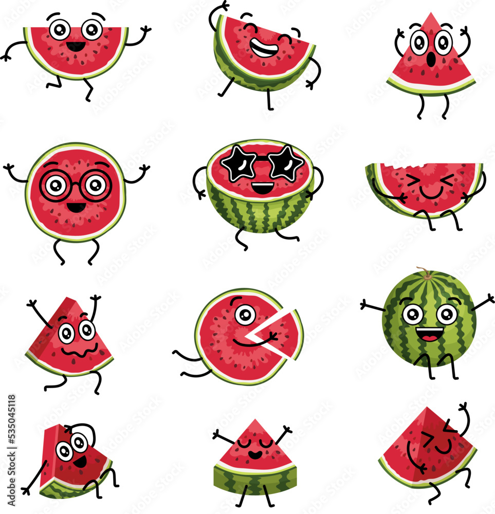 Watermelon characters. Cartoon comic mascots of watermelon with funny ...