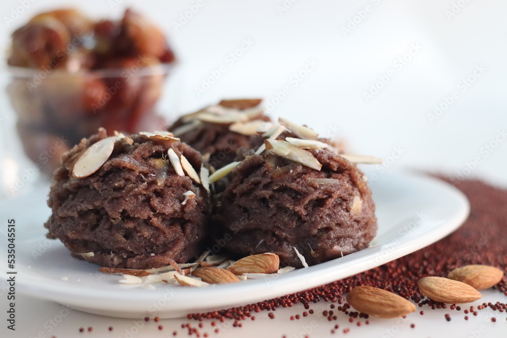 Ragi dates Sheera. Indian pudding made of finger millet flour ghee ...