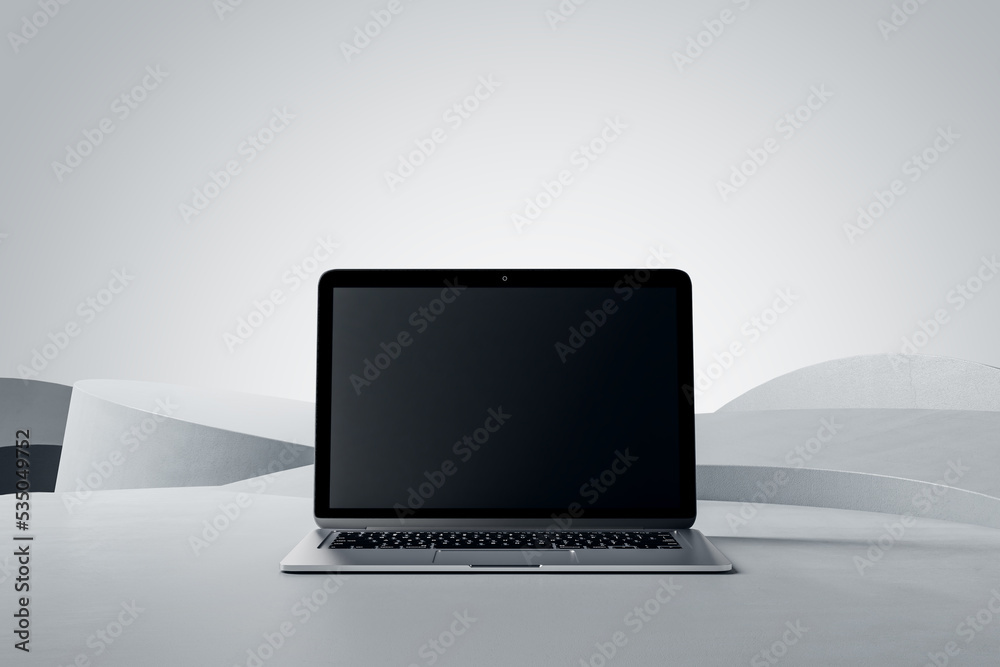 Front view on blank black modern laptop monitor with place for your ...