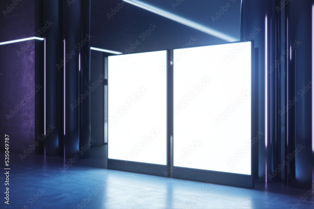 Perspective view on two blank white illuminated boards with place for ...