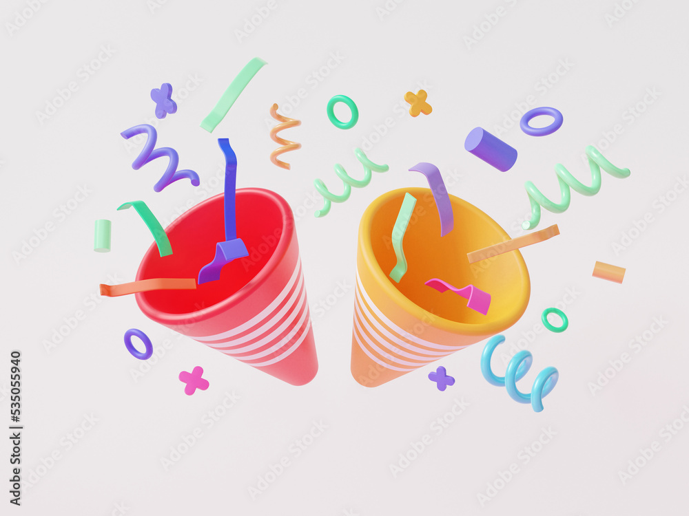 3D cartoon minimal celebration confetti with colorful party popper ...