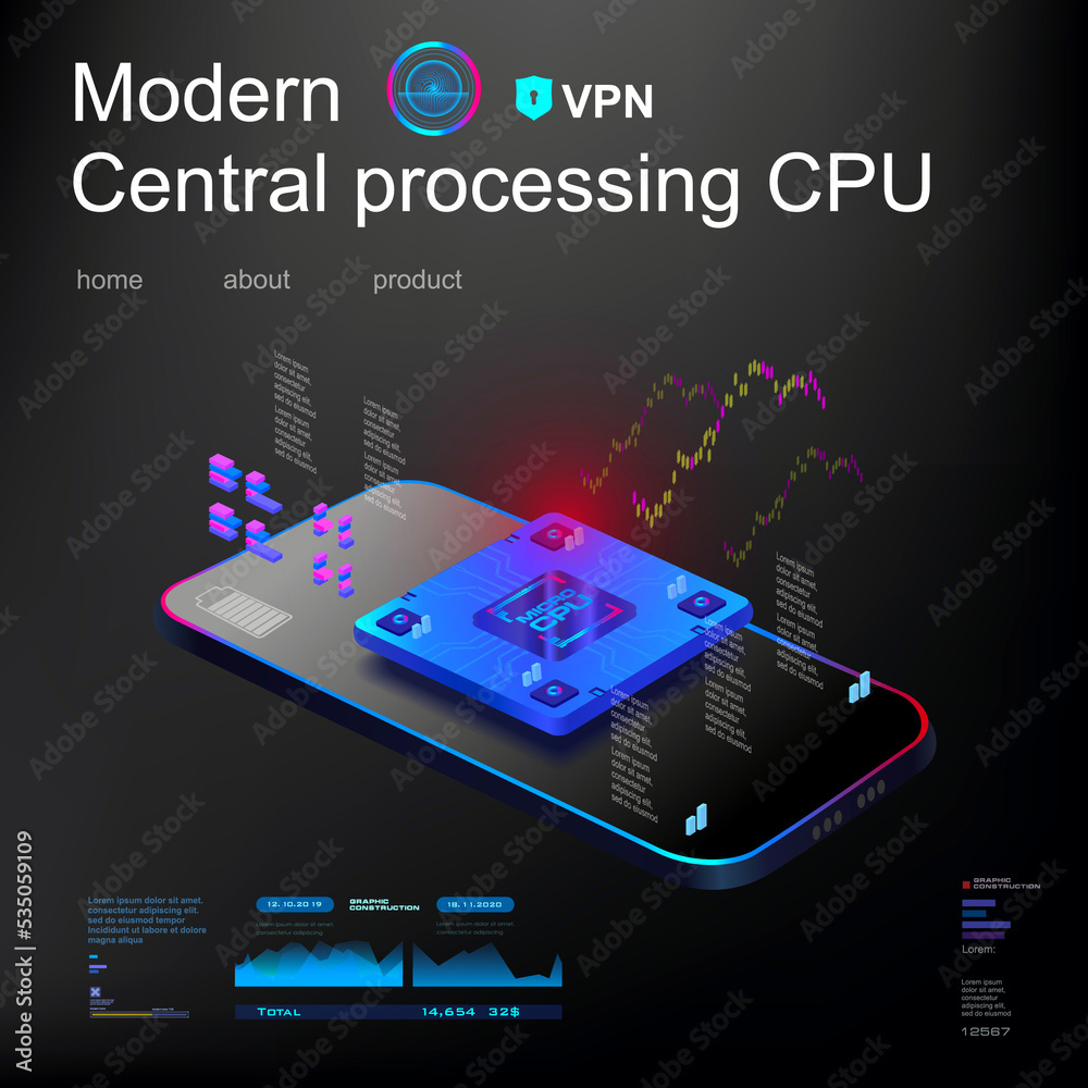 Powerful CPU processor on black background with mobile phone. Modern central processing unit ...