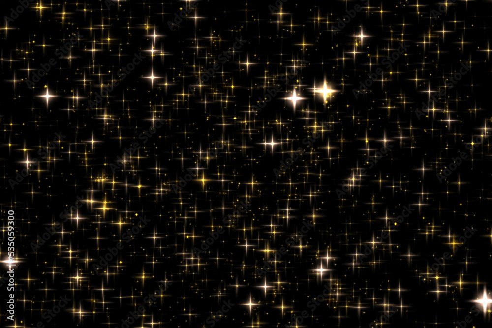 Golden holiday glitter and sparkling overlay, stars and magic glow texture on black background ...