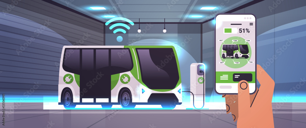 human hand charging electric bus in mobile app battery vehicle at ...