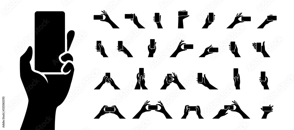 Set silhouette hand holding mobile phone horizontally and vertically ...