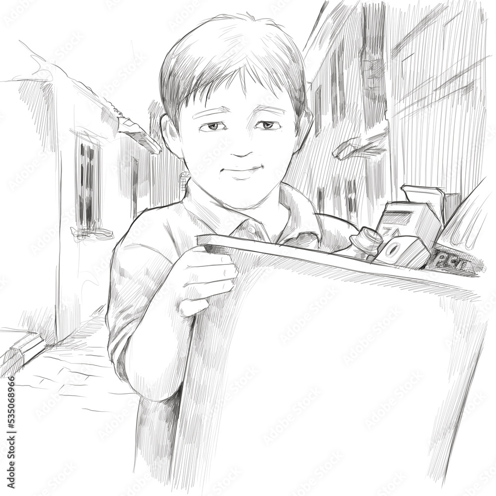 The child takes the garbage to dump. Charcoal Drawing. Pencil Drawing ...