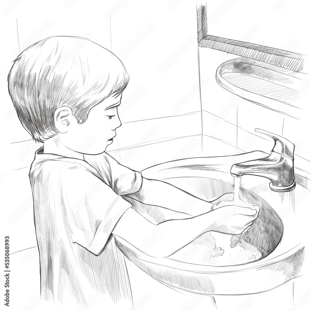Muslim boy is performing ablution in the sink. Charcoal Drawing. Pencil ...