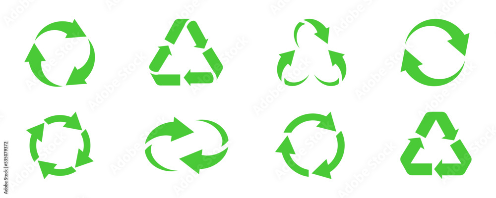 Set of green recycling symbols on white background. Reusable sign ...