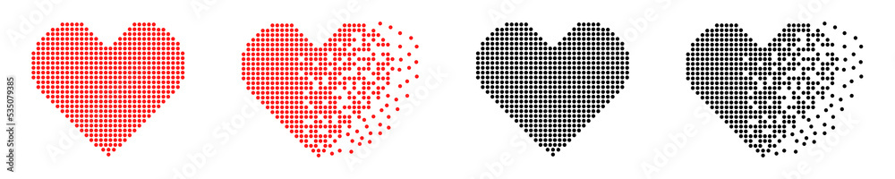 Set of dots hearts vector icons. Disintegrated and dissolved heart ...