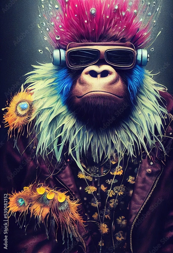 Ilustracja Stock: Portrait of a punk monkey. Monkey rock musician ...