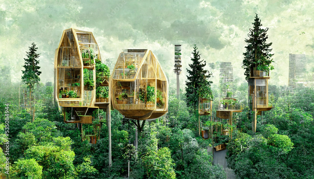 Spectacular image of a sustainable tree house surrounded by greenery in ...