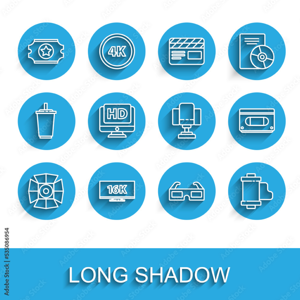 Set line Movie spotlight, Screen tv with 16k, Cinema ticket, 3D cinema ...