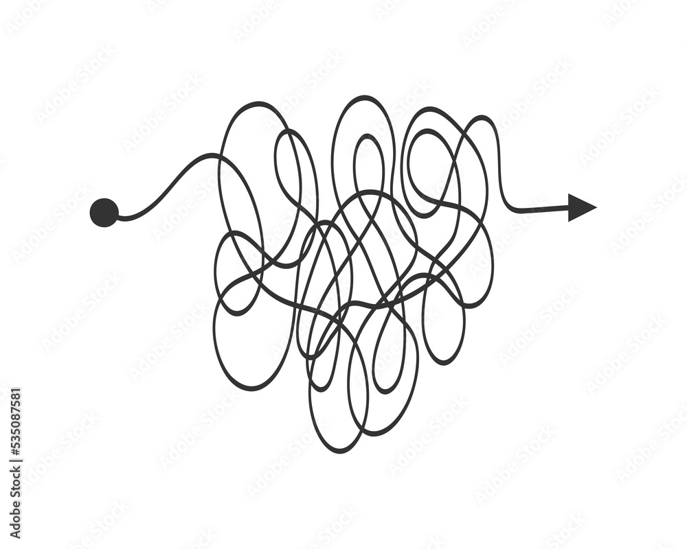 Vetor de Chaotic line from start point to finish arrow. Complex problem ...