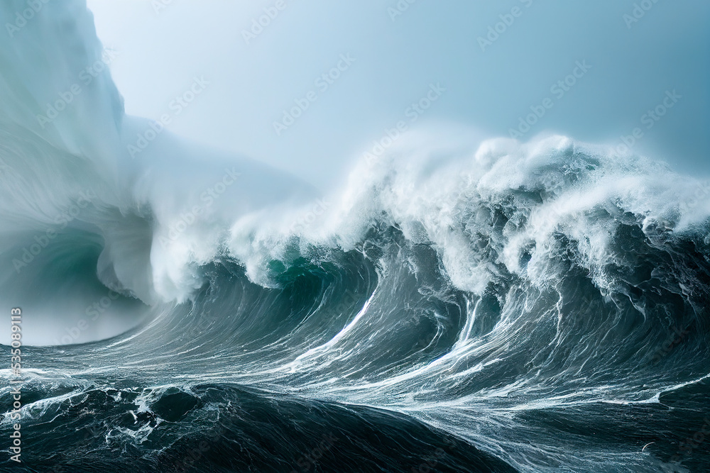 Apocalyptic dramatic background, giant tsunami waves, dark stormy sky ...
