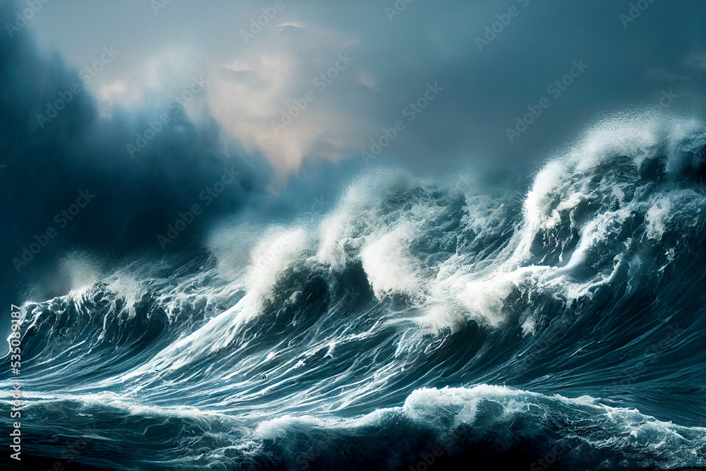 Apocalyptic dramatic background, giant tsunami waves, dark stormy sky, Tornado. Huge waves ...