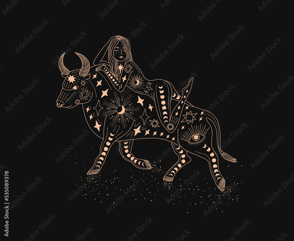 Zodiac sign Taurus. Silhouette of a golden astrological sign; on a dark ...