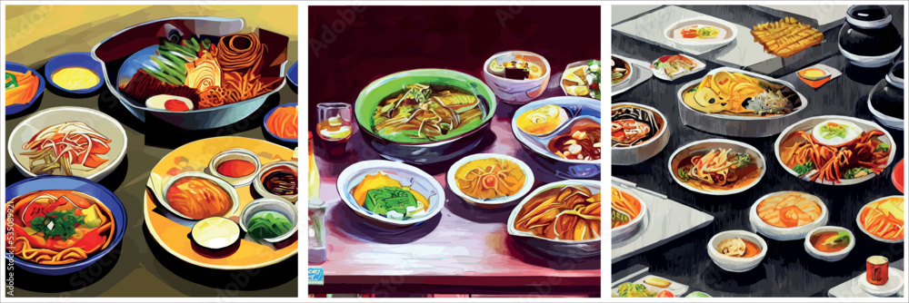 Set of Asian food engraved on the table. Noodle dishes at the top of ...