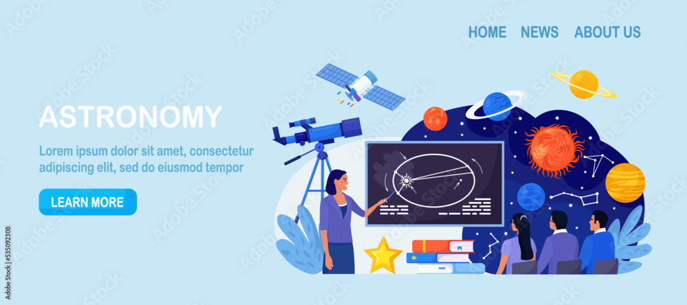 Astronomy, astronomical observation. Pupils at astronomy class in ...