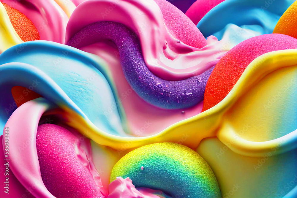 Colorful ice cream rainbow with topping for food background. Stock ...