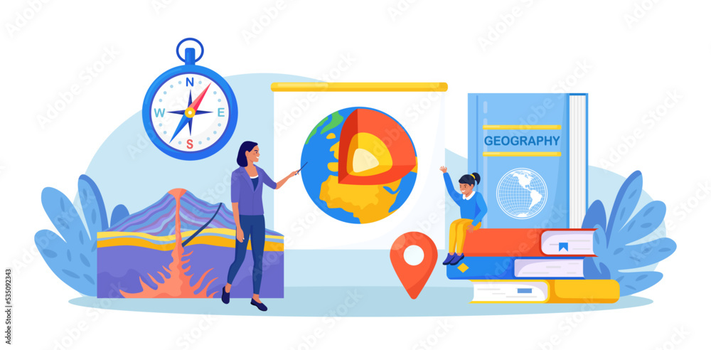 Geography school subject. Pupil studying geology in classroom. Teacher ...