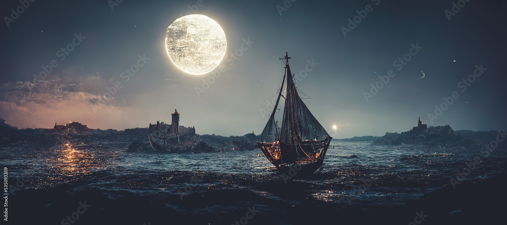 Spectacular digital art 3D illustration of a nighttime scene with a ...