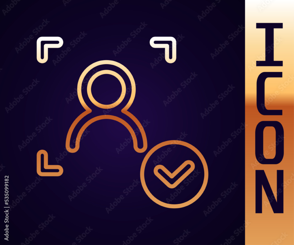 Gold line Face recognition with check mark icon isolated on black ...