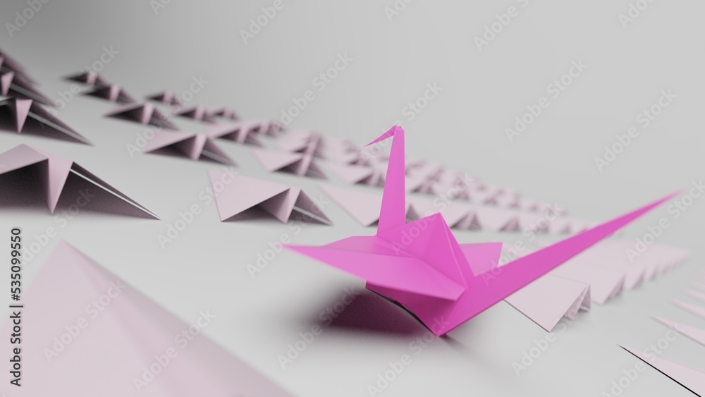 Origami of pink crane and many airplanes on white board under white ...