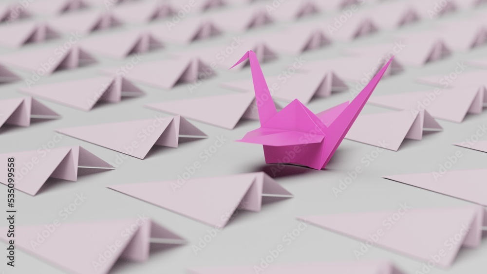 Origami of pink crane and many airplanes on white board under white ...