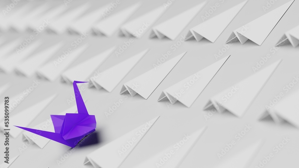 Origami of purple crane and many airplanes on white board under white ...