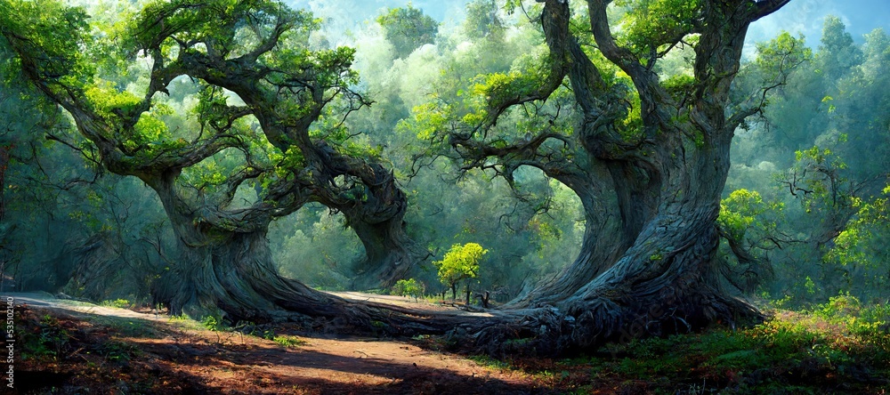 Enchanted forest, surreal dreamscape of majestic ancient oak trees ...