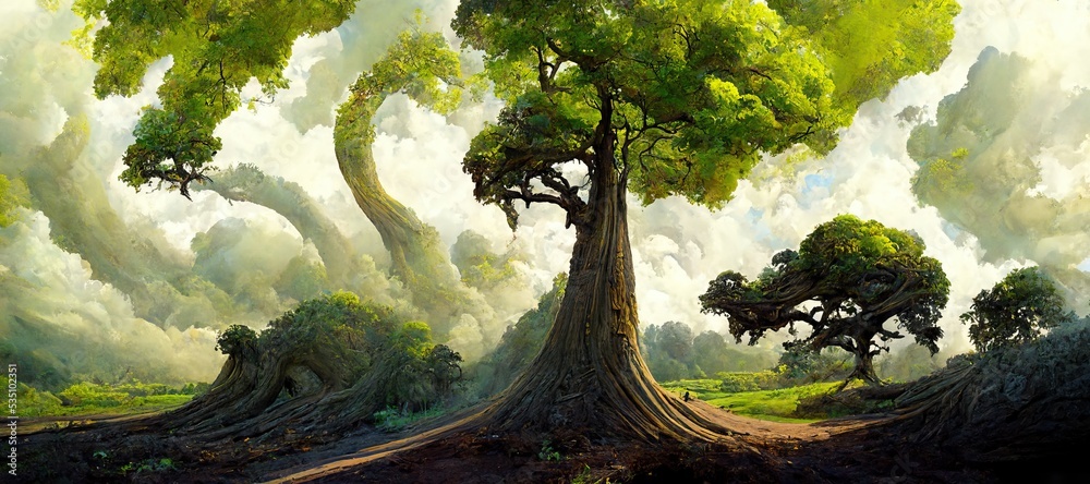 Enchanted forest, surreal dreamscape of majestic ancient oak trees ...