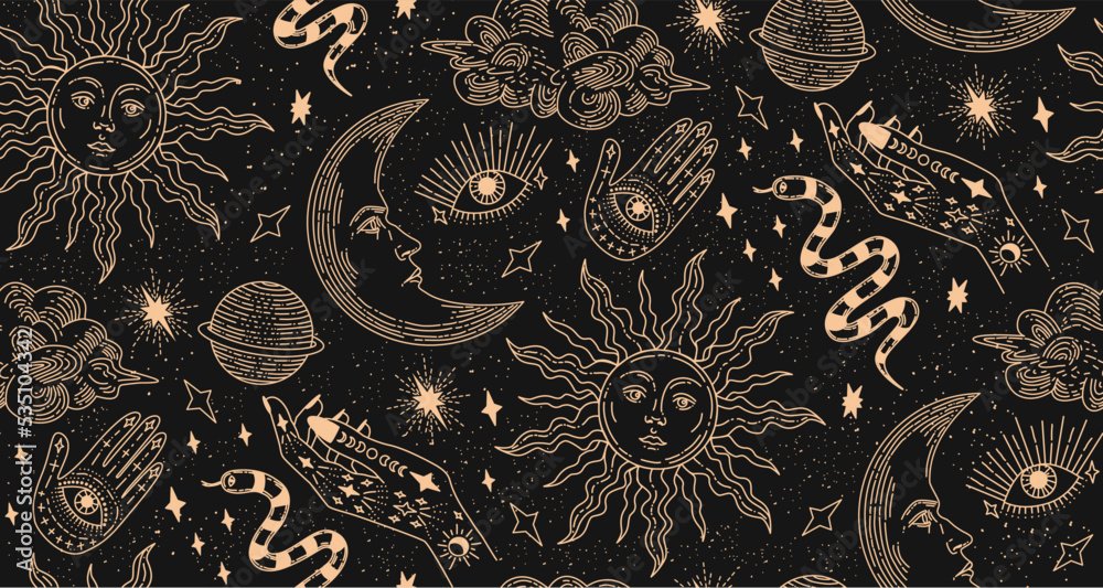 Seamless pattern with magical elements. Set of linear vector ...