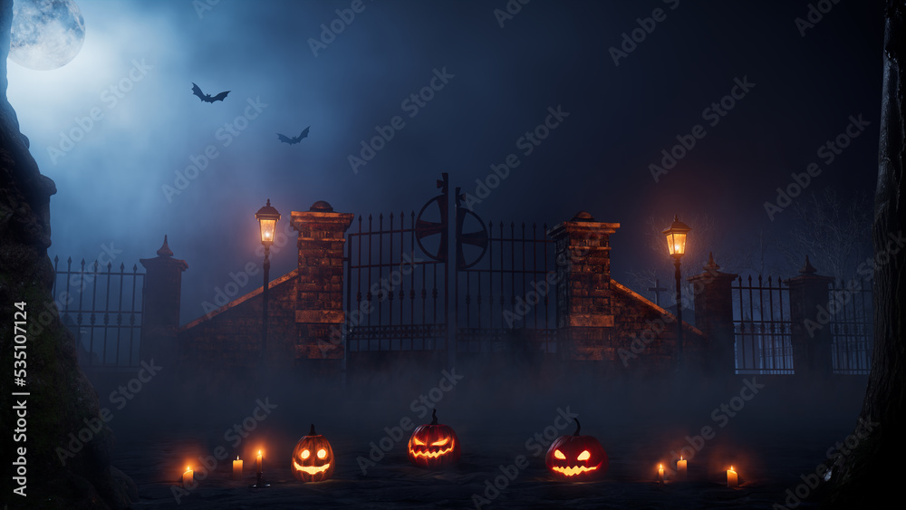 Eerie Halloween Churchyard Gate Illustration with Jack O' Lanterns and ...