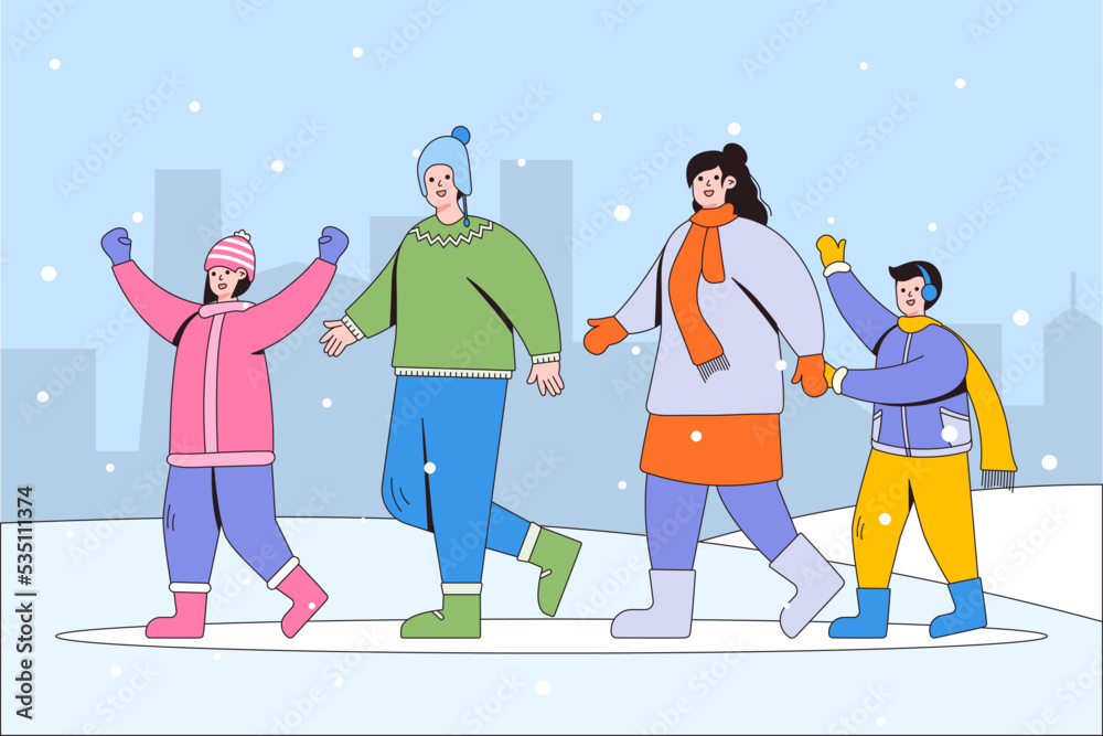 Happy family walking outdoors together. Father, mother, and kids ...