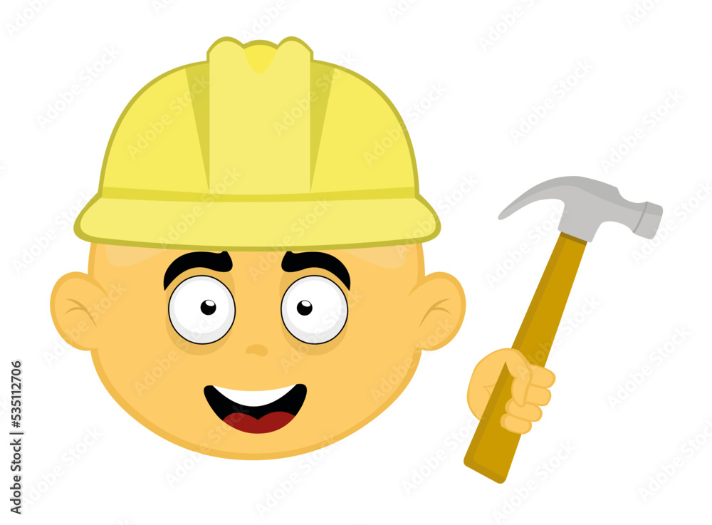 Vector emoticon illustration of the face of a yellow cartoon builder ...