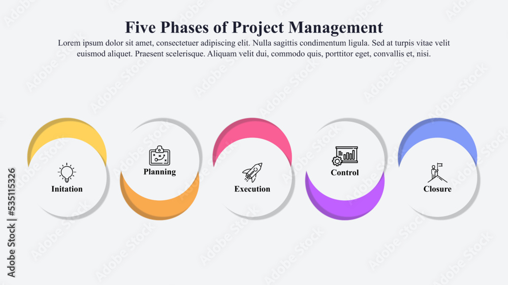 Five phases of project management infographic template with icons and ...