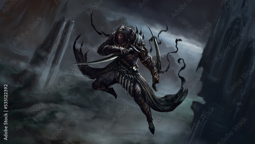 The ninja killer jumped down from the tower, he has swords in his hands ...