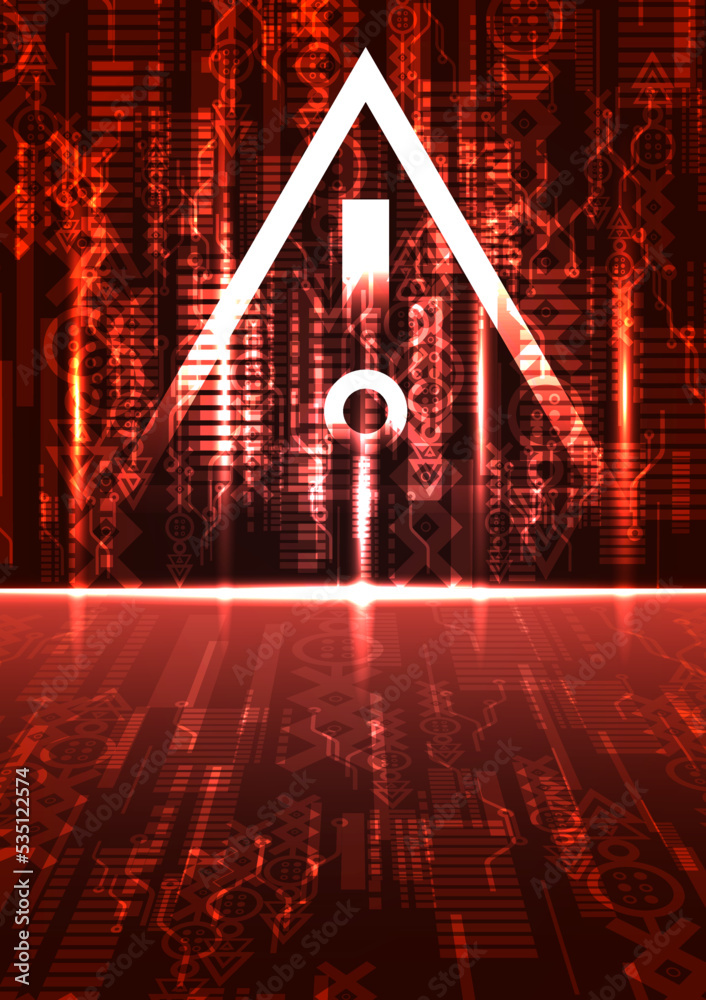 Poster unsafe digital technology background with red neon caution ...