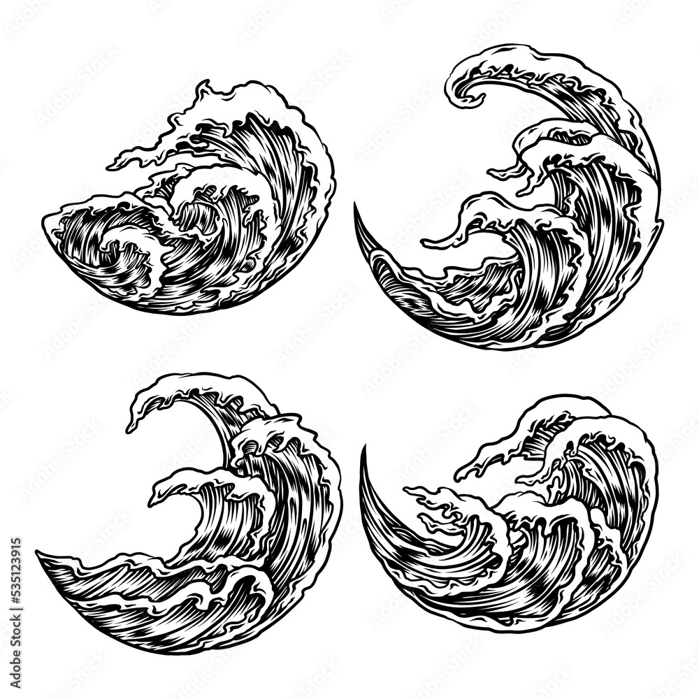 Set of Sea waves, hand drawing line style vector illustration Stock ...