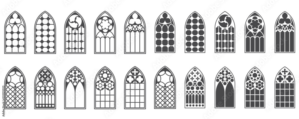 Church windows set. Silhouettes of gothic arches in line and glyph ...
