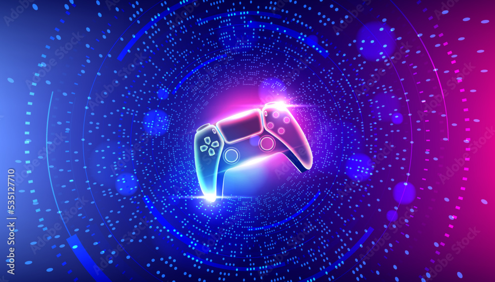 Photo Neon game controller or joystick for game console in the center ...