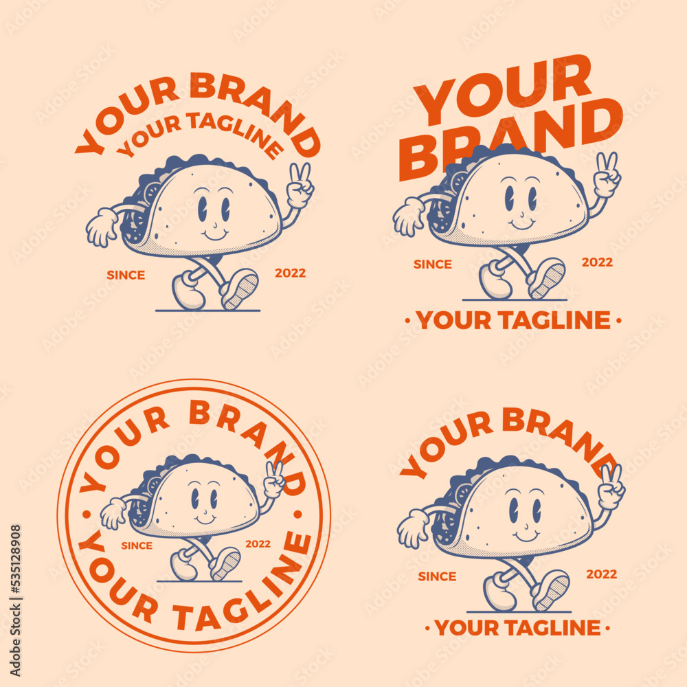Taco logo mascot, retro style art, character design, taco logo design ...