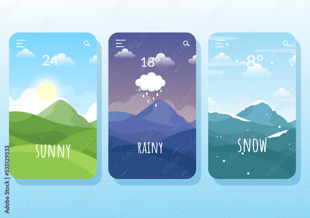 Types of Weather Conditions with Sunny, Cloudy, Windy, Rainy, Snow and ...