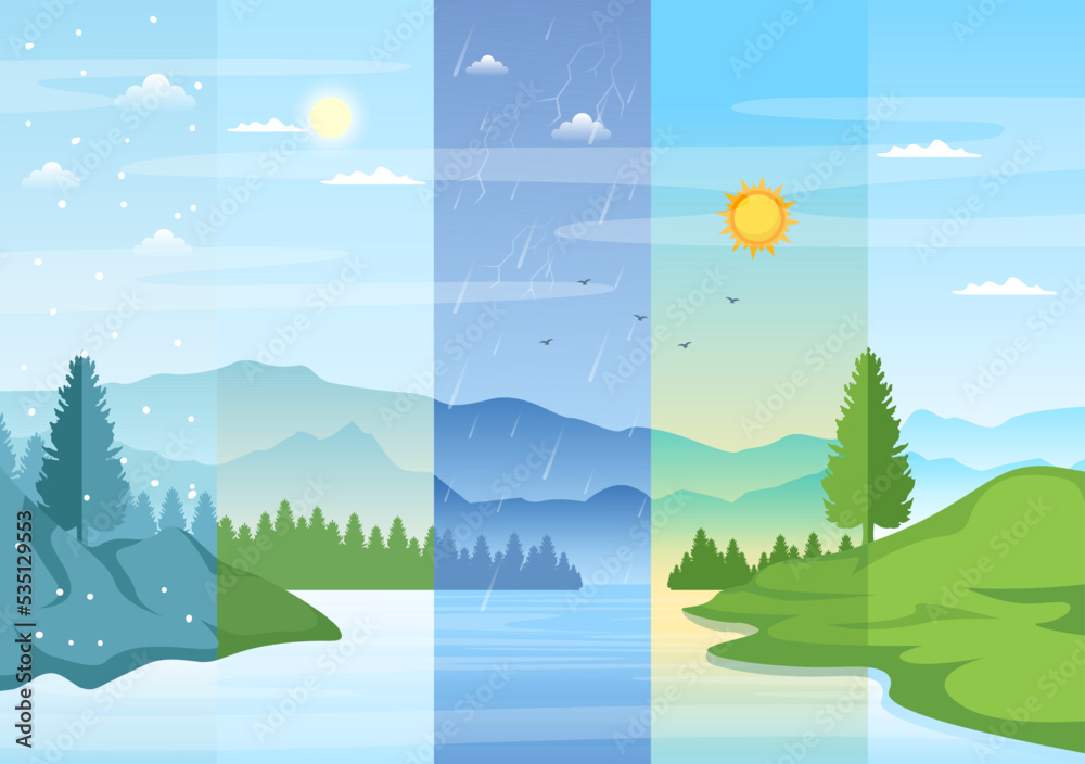 Types of Weather Conditions with Sunny, Cloudy, Windy, Rainy, Snow and ...