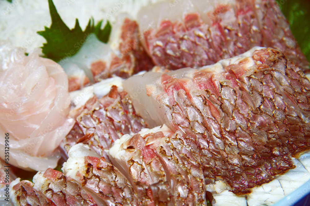 Fregrant Japanese sashimi dish of Red seabream (madai, matsukawa zukuri ...