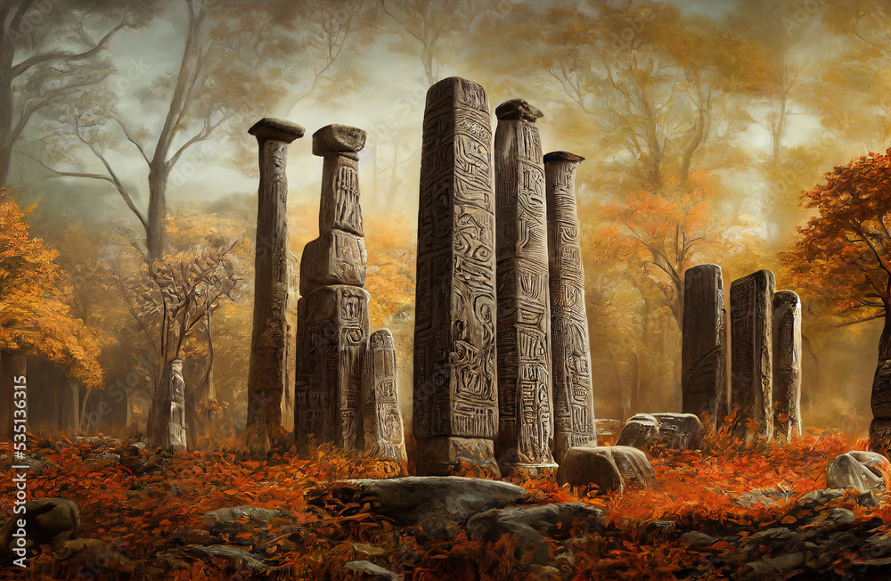 Megalithic stone structures in the autumn forest. Stone pillars of an ...