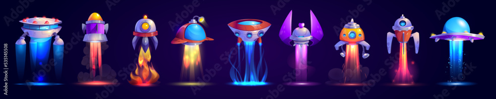 Alien space ships, cartoon ufo saucers and rockets take off with fire ...