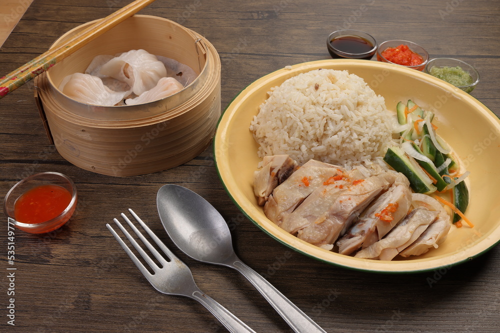 steamed Hainanese chicken rice crystal har gow transparent prawn shrimp ...
